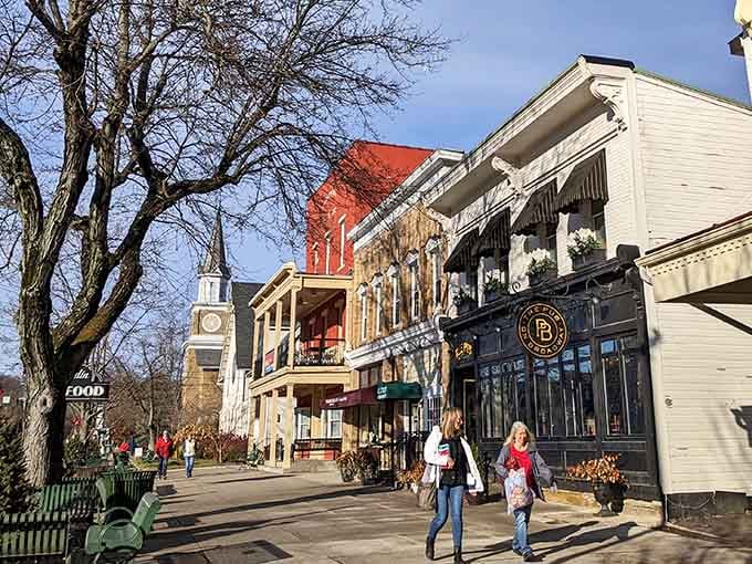 Tree-lined streets and classic storefronts create the kind of scene Norman Rockwell would have loved painting.