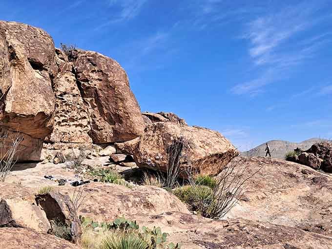 These ancient boulders stacked by time and geology create a desert playground that looks straight out of a Road Runner cartoon.