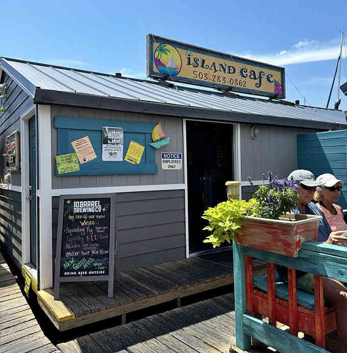 Colorful tropical signage and waterside dining transform an ordinary meal into an island getaway without the airfare.