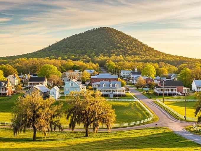 Golden hour transforms this peaceful community into a postcard, with that gentle hill watching over everything like a guardian.