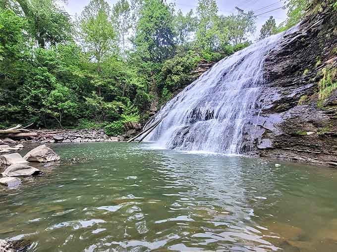 Wide sheets of water cascade over smooth rock layers in this hidden Cleveland gorge that surprises first-time visitors.