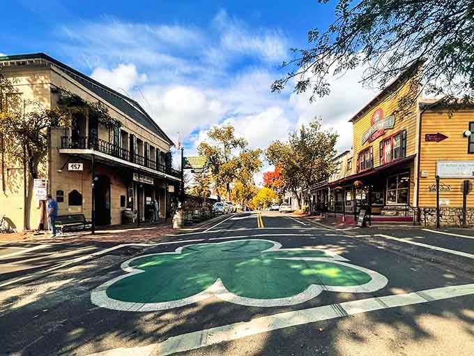 Gold Rush architecture meets autumn colors in a main street that looks like it stepped out of a Western film.