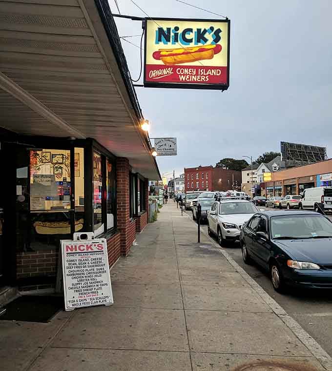 That classic sign beckons like a lighthouse for hungry souls navigating the streets of Fall River's downtown.