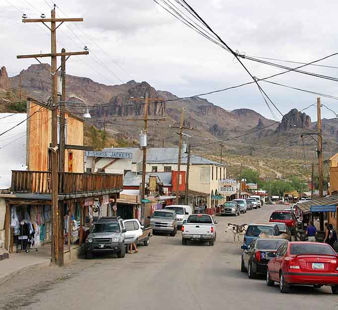 Weathered wood buildings and rugged peaks create the ultimate Western movie set that's actually real life.