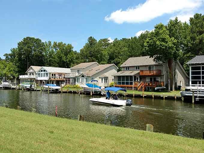 Waterfront living at its finest, where boats dock right behind homes like cars in suburban driveways.