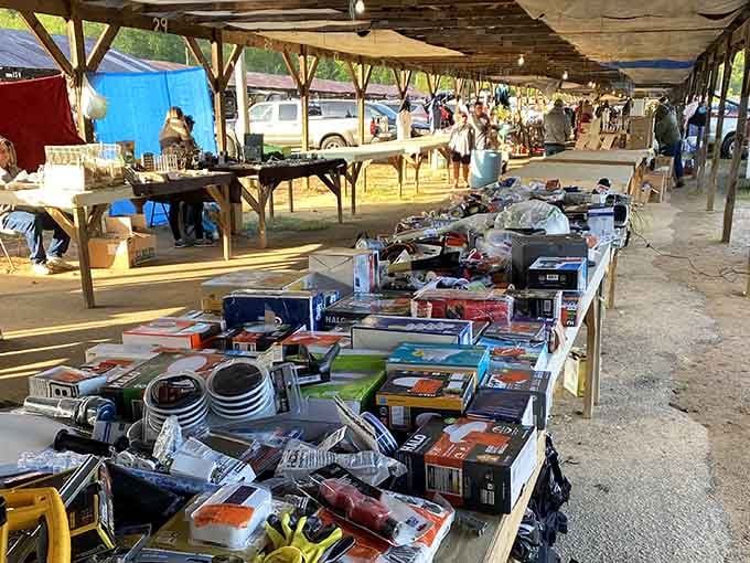 Open-air pavilions showcase tables loaded with tools and gadgets, perfect for browsing on pleasant afternoons.