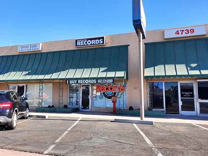That classic strip mall storefront hides musical treasures like Clark Kent hiding Superman beneath his suit and tie.