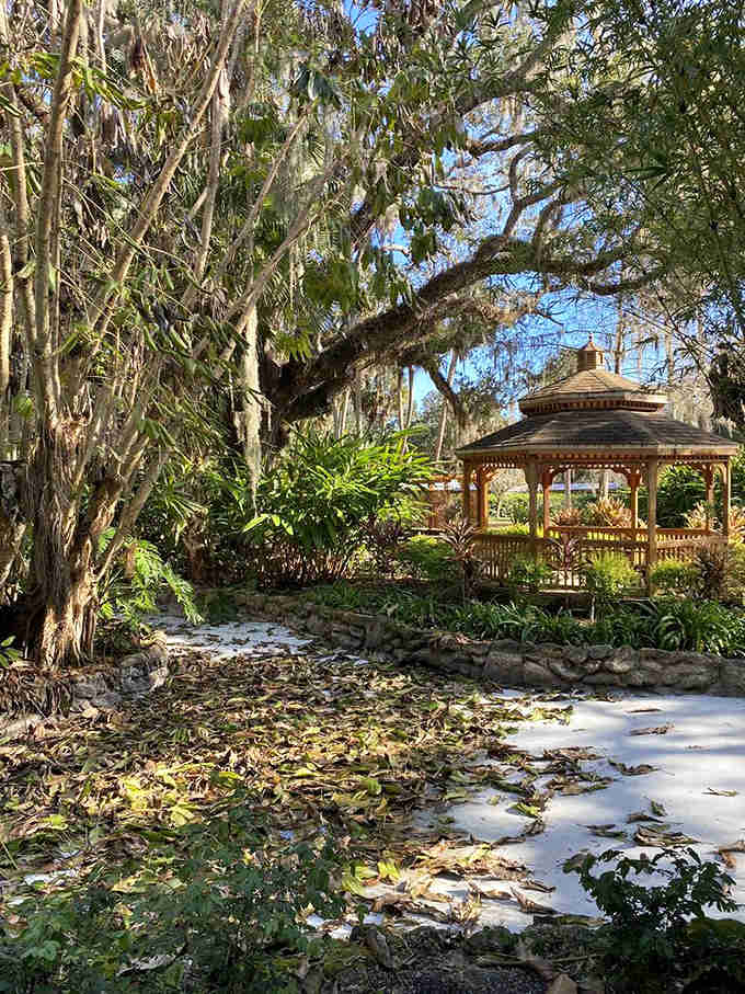 That gazebo nestled among ancient trees offers the perfect spot to sit and contemplate life's simple pleasures.