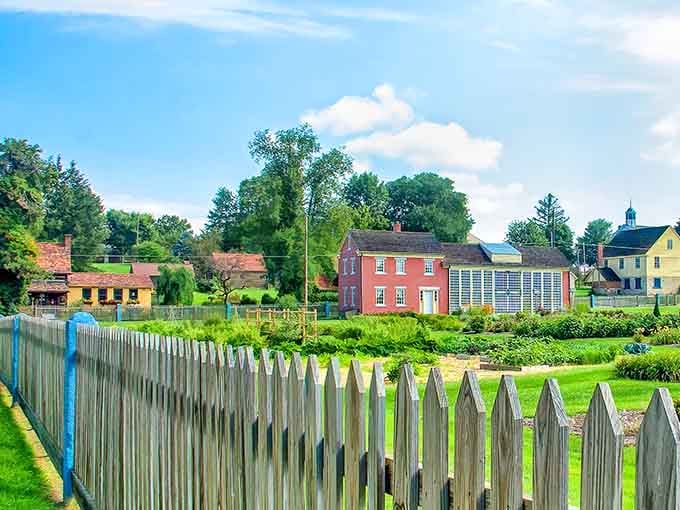 This picket-fence view frames historic buildings like a postcard from simpler times when neighbors actually knew each other.