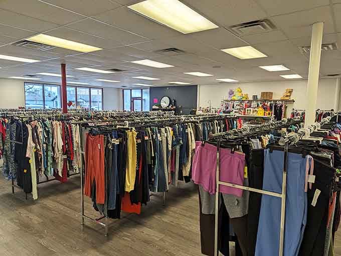 Rainbow racks of organized clothing fill this bright, modern space where bargain hunters find designer deals without the guilt.