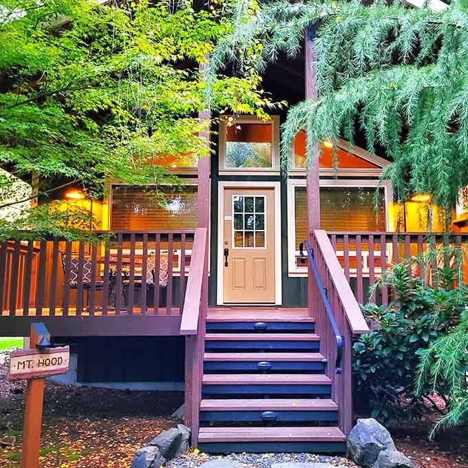 Evening glow illuminates this cozy retreat nestled in greenery&mdash;your own private treehouse escape minus the rope ladder.