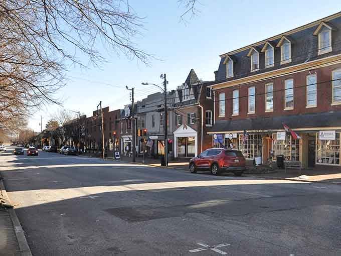 Brick sidewalks and Victorian architecture create the perfect backdrop for a leisurely afternoon exploring local restaurants.
