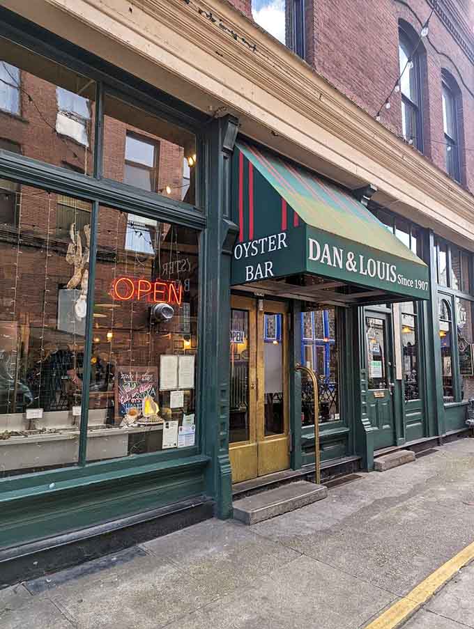 That classic green awning and "Since 1907" sign whisper stories of countless seafood feasts through the decades.