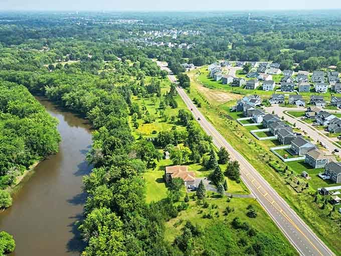 Winding rivers and green spaces frame Dayton's thoughtfully planned communities in this stunning bird's-eye perspective.