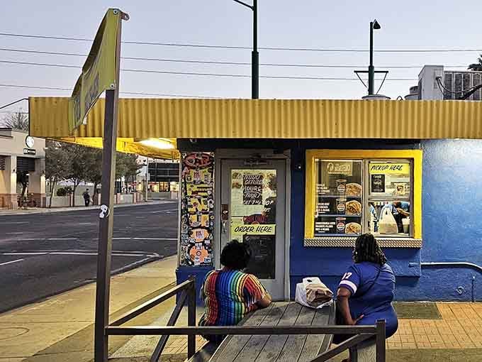 Those quirky yellow accents add playful charm to this beloved neighborhood Mexican food spot.