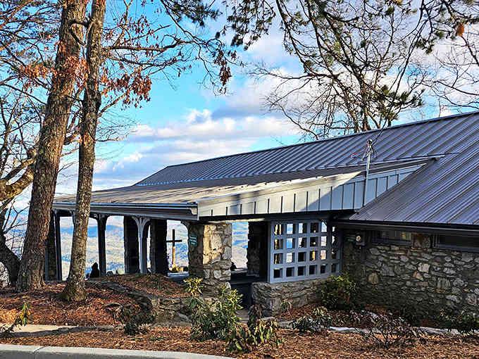 Stone and timber blend seamlessly with the landscape, creating a sanctuary where the view itself becomes the sermon.