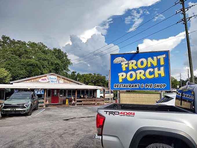 The bright blue sign promises good eating ahead, and places like this never disappoint the hungry traveler.