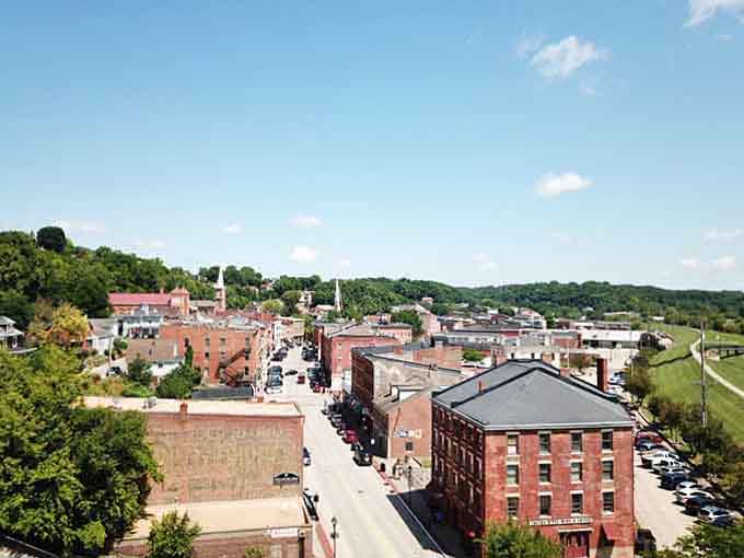 From above, Galena's brick buildings and church steeples create a skyline that's remained unchanged for generations.