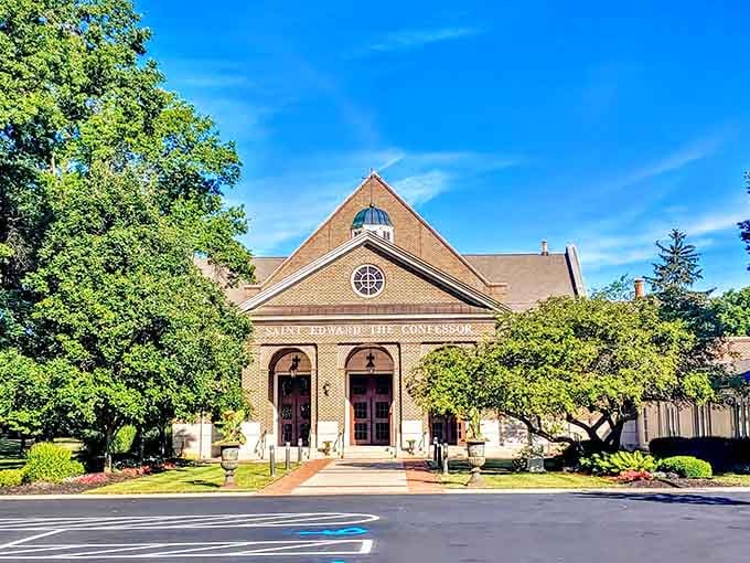 This elegant brick building sits peacefully among the trees, looking like it's been waiting for you to visit.