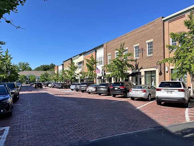 Brick pavement and modern storefronts prove you can honor the past while embracing the future, one charming block at a time.