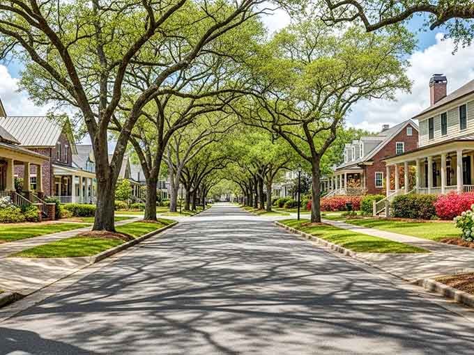 Tree-lined streets create natural shade tunnels perfect for afternoon strolls when the Carolina sun gets ambitious.