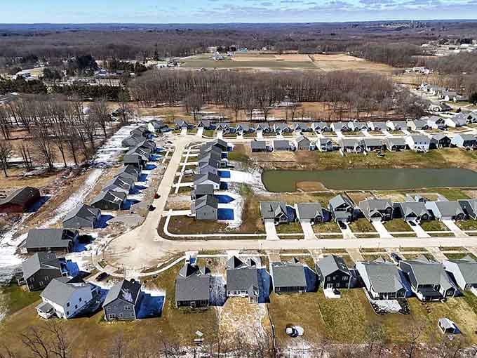 From above, peaceful neighborhoods spread out like a quilt, each home a patch in the community fabric.