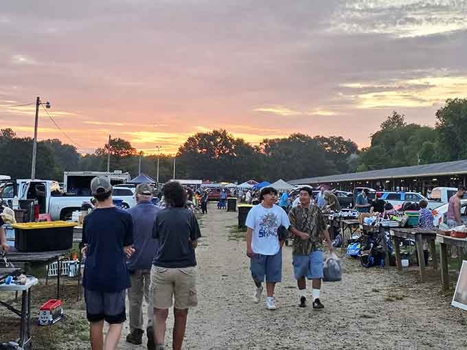 Golden sunset skies paint the perfect backdrop for bargain hunters wandering between vendor tables and tents.