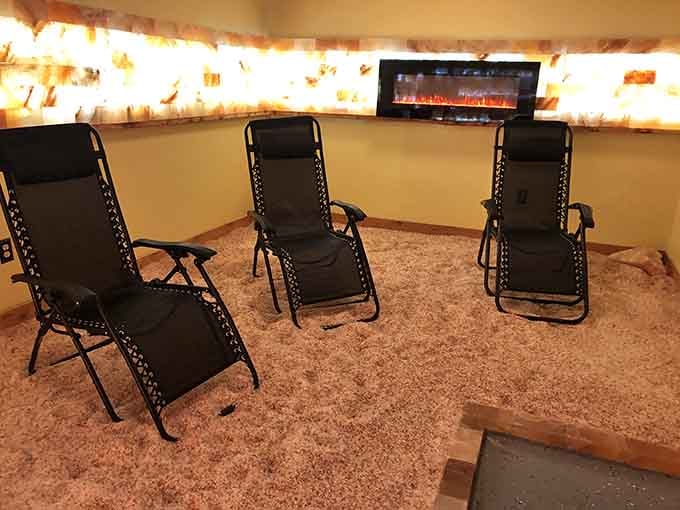 Three perfectly positioned chairs face those gorgeous illuminated walls&mdash;it's like front-row seats to your own wellness show.