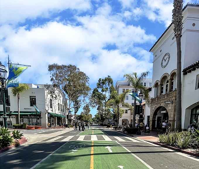Those green bike lanes and white buildings under blue skies make every stroll feel like a Mediterranean vacation.