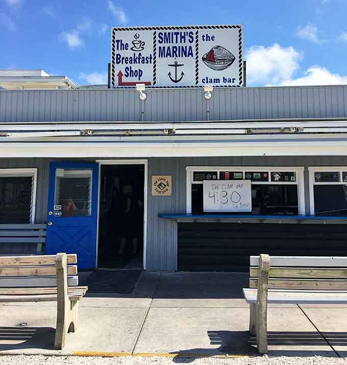 The vintage sign advertising breakfast, marina, and clams is like a triple threat of deliciousness all in one place.