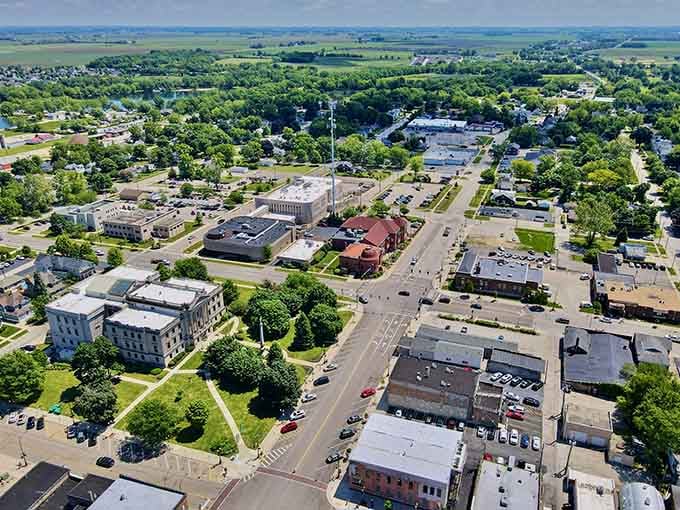 Green spaces surround the town center like nature's frame around a masterpiece of Midwestern community planning.