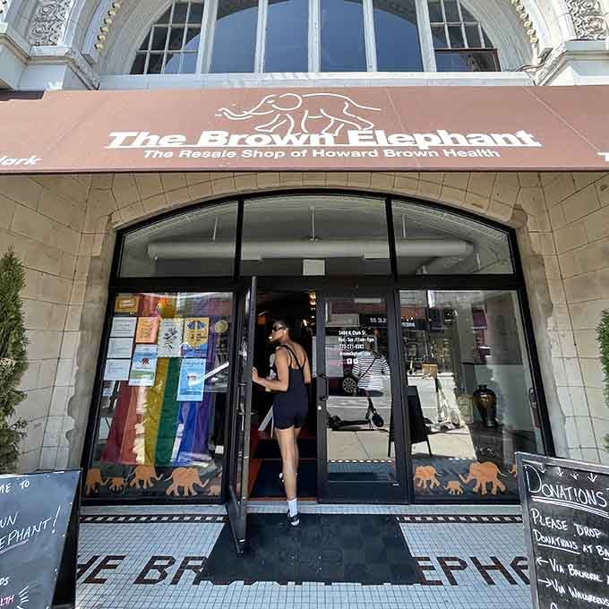 Those welcoming doors frame an entrance where every purchase helps fund important healthcare services for neighbors in need.