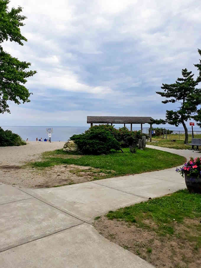 A shaded pavilion overlooks the sandy beach, offering the perfect spot to watch waves and contemplate life's simple pleasures.