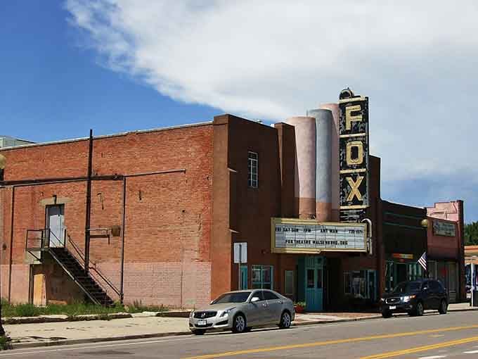 The vintage Fox Theatre marquee stands as a beacon of entertainment history, reminding us when every town had its own movie palace.