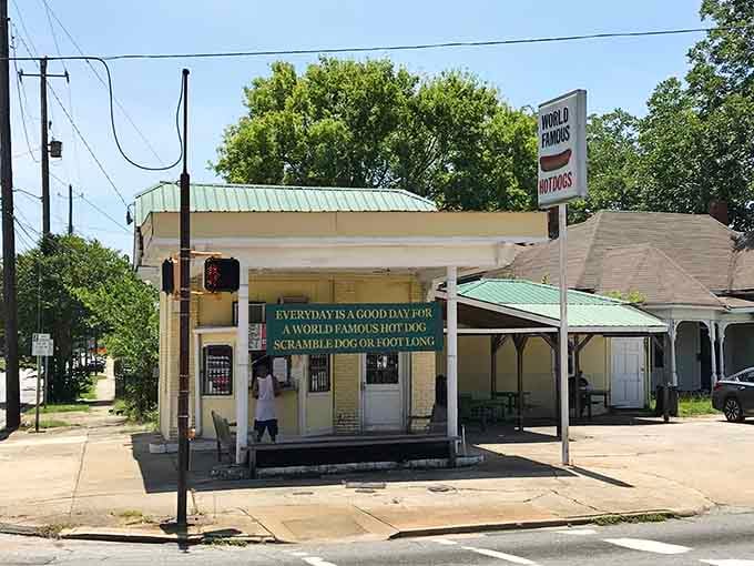 That cheerful canopy and corner location make this spot impossible to miss when your hot dog craving hits hard.