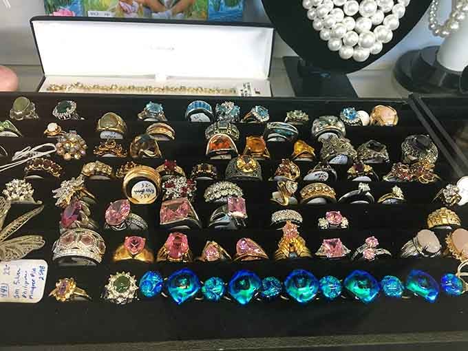 Rows of vintage rings that have more stories to tell than your chatty neighbor at the grocery store.