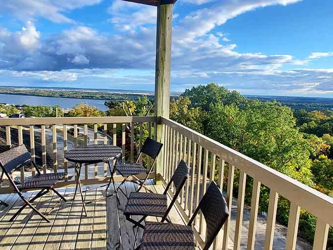 Morning coffee tastes better when your deck overlooks two mighty rivers converging in the distance below.