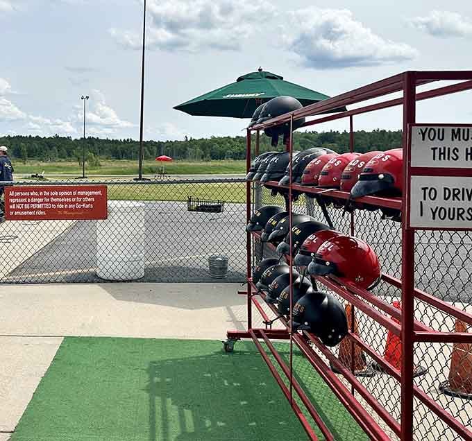 Red helmets organized like a well-stocked wine cellar, except these babies protect your head instead of giving you one.
