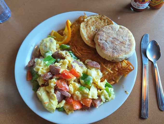 Hash browns, English muffins, and an omelet that could fuel a small expedition. Morning goals achieved.