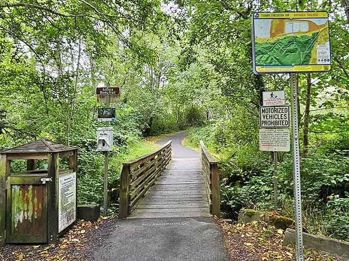 This wooden bridge marks one of the trailheads, inviting you into the greener, quieter sections of the walk.