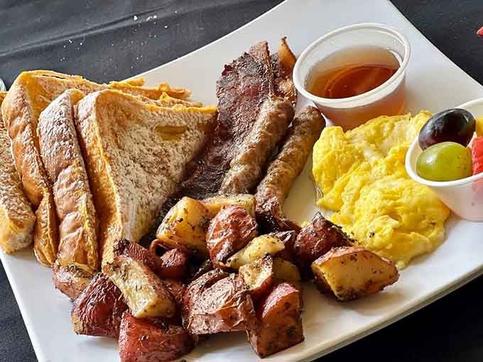 Golden toast, perfectly cooked eggs, and bacon that could make a vegetarian reconsider their life choices entirely.