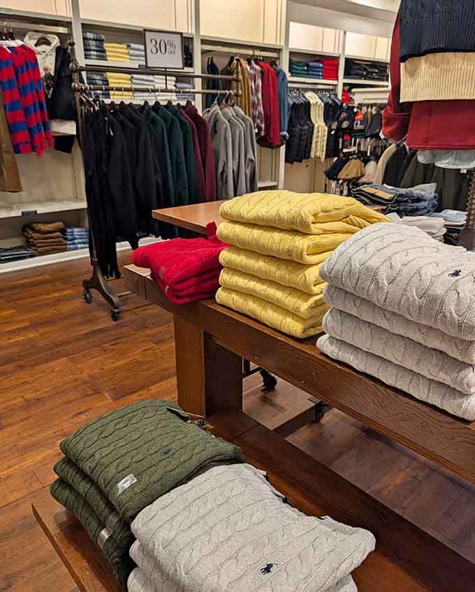 Cable-knit sweaters stacked like colorful pancakes make you want to redecorate your entire wardrobe immediately.