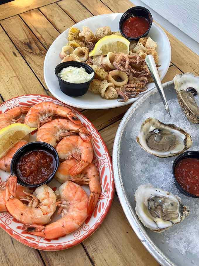 Fresh shrimp, calamari, and oysters on one table is basically the holy trinity of coastal dining.