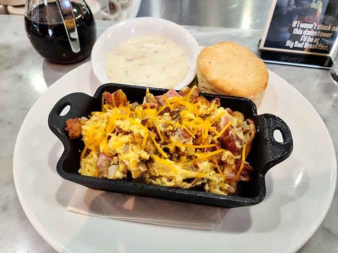 The breakfast skillet arrives in cast iron, loaded with enough comfort to fix any Monday morning.