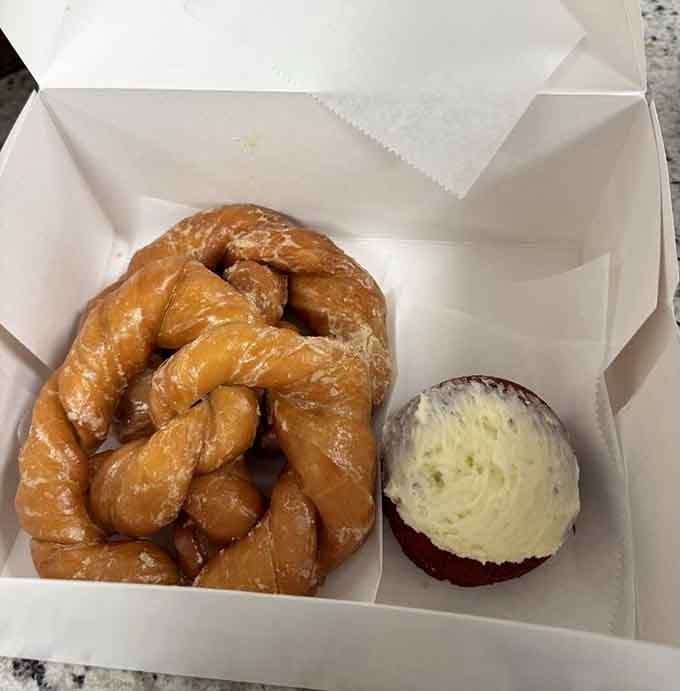 A twisted pretzel donut meets red velvet cake in the most beautiful breakfast arrangement you'll see today.