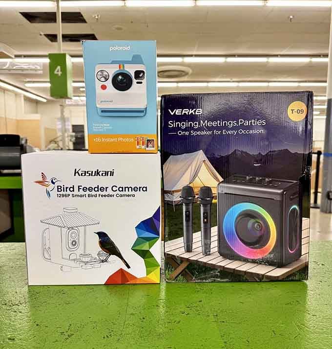 Polaroid cameras next to bird feeders next to Bluetooth speakers: it's like someone dumped the internet into actual bins.