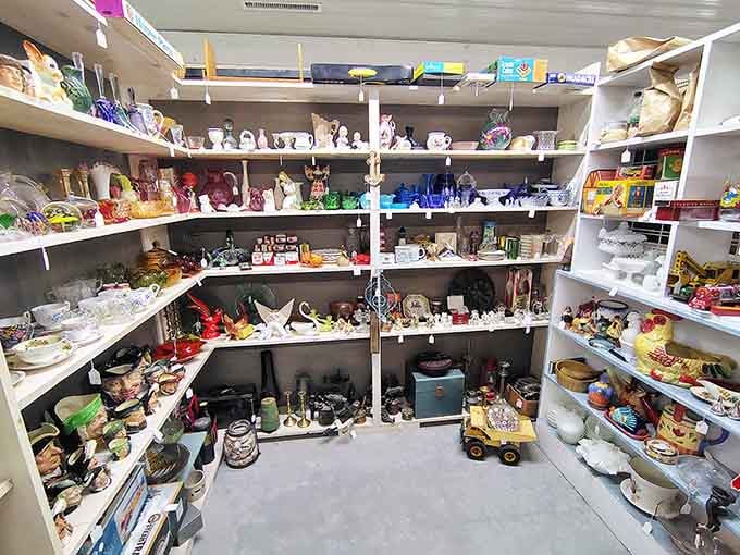 Rows of ceramic treasures and glassware gleam under the lights, waiting for someone to take them home.