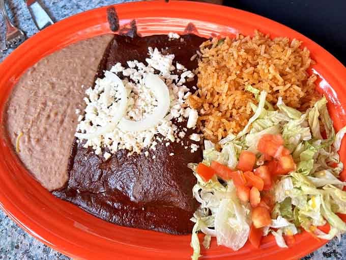 Enchiladas de Mole draped in rich, dark sauce that's been perfected over generations of family cooking.