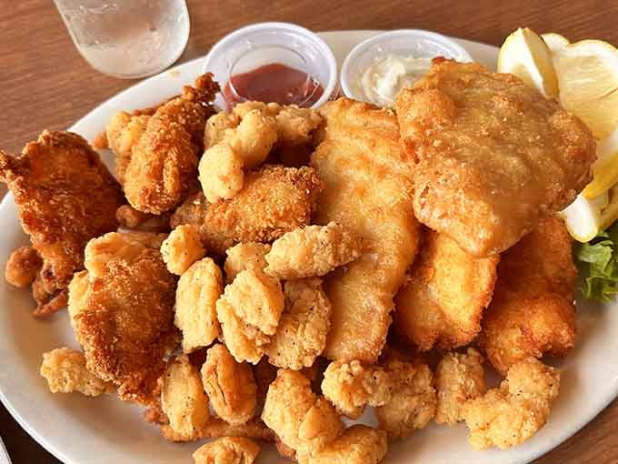 Golden fried seafood that looks like Neptune's greatest hits album, crispy and piled high with no apologies.
