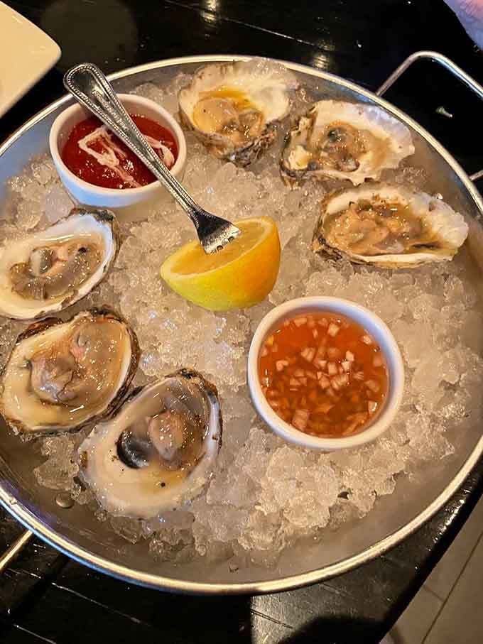 Fresh oysters on ice with cocktail sauce and mignonette prove the ocean isn't as far away as geography suggests.